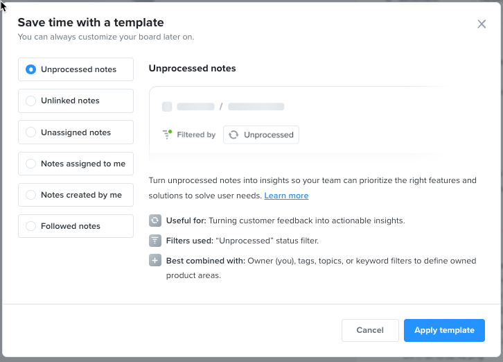 Use insights boards to group related notes – Productboard Support
