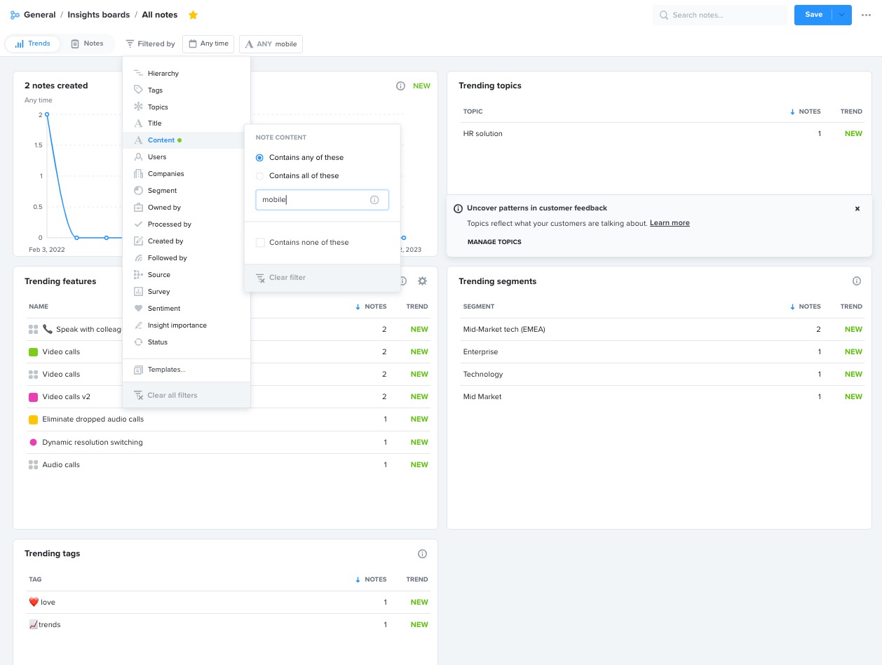 Identify trends in collected feedback on the Analytics page – Productboard Support