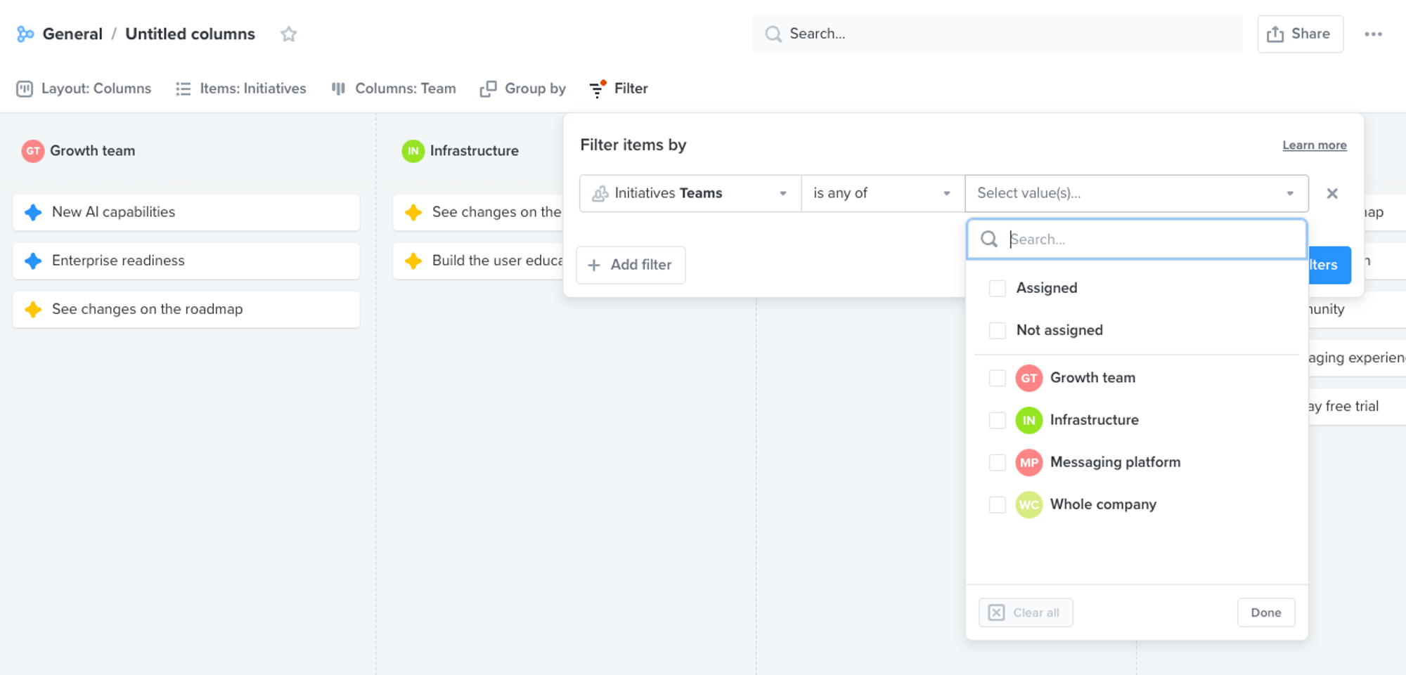 Columns boards: Customizable column-based roadmaps – Productboard Support