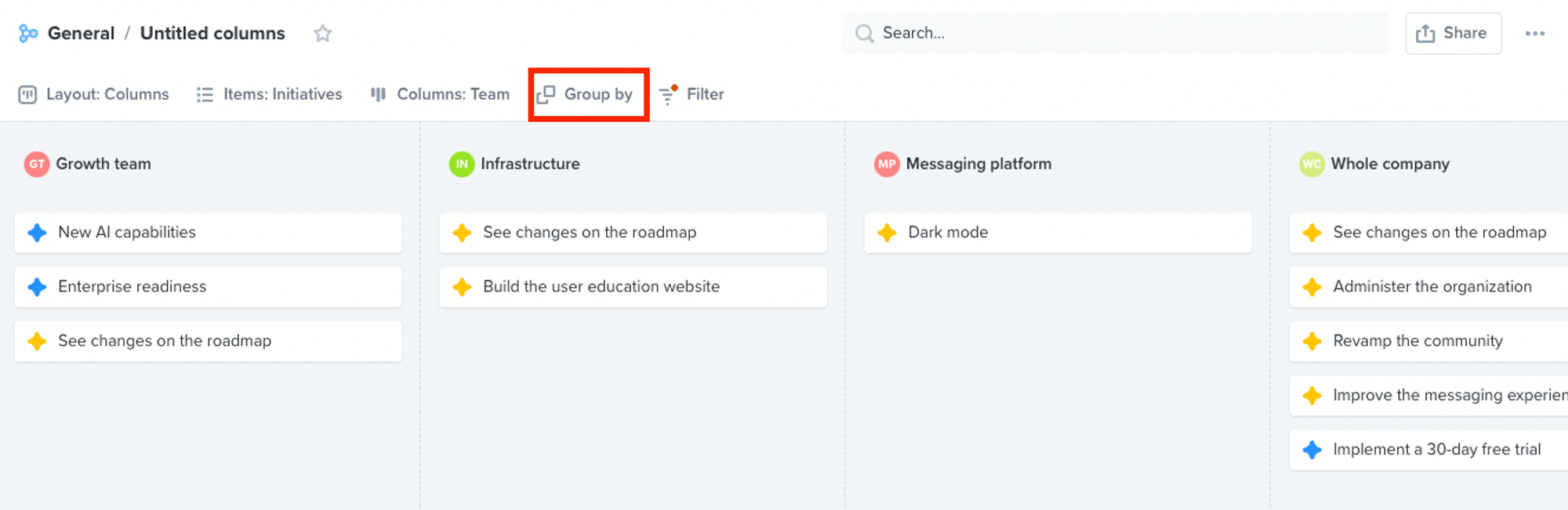 Columns boards: Customizable column-based roadmaps – Productboard Support