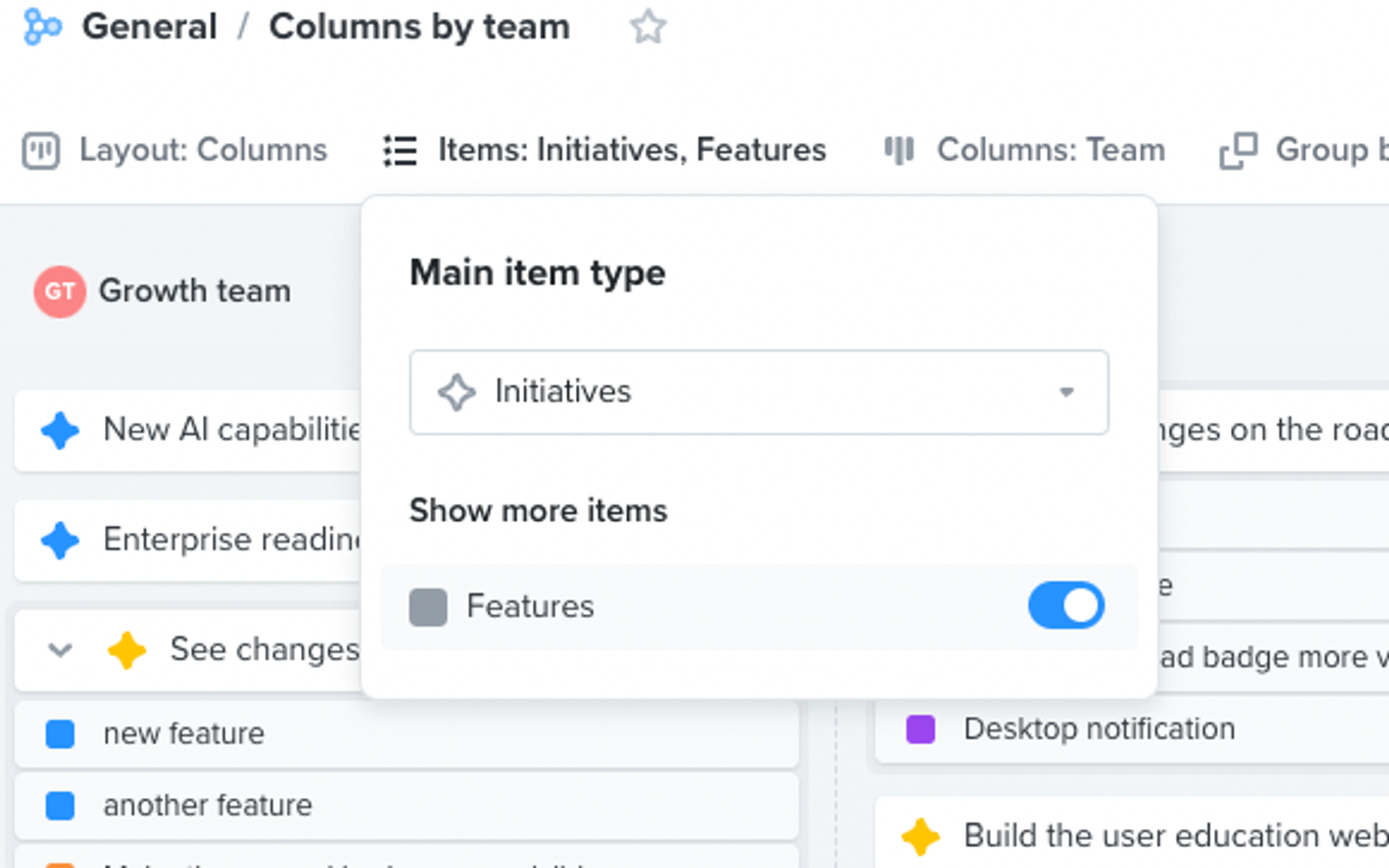 Columns boards: Customizable column-based roadmaps – Productboard Support