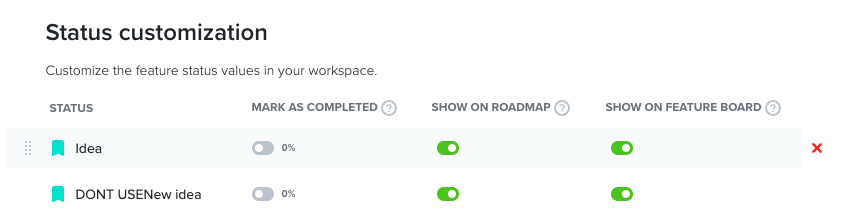 Customize status values for features – Productboard Support